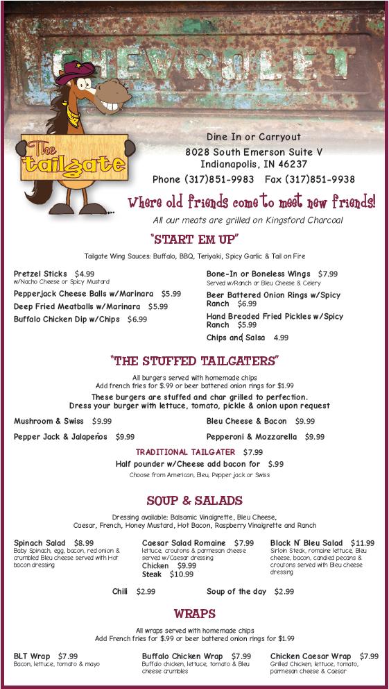 Menu at The Tailgate pub & bar, Indianapolis, S Emerson Ave Suite V