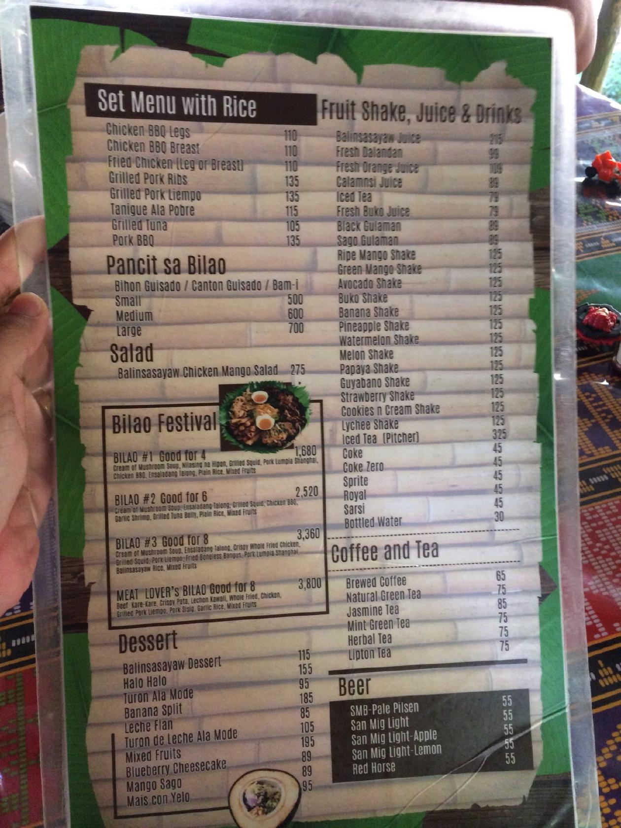 Menu at Balinsasayaw restaurant, Silang, KM44 Emilio Aguinaldo Hwy