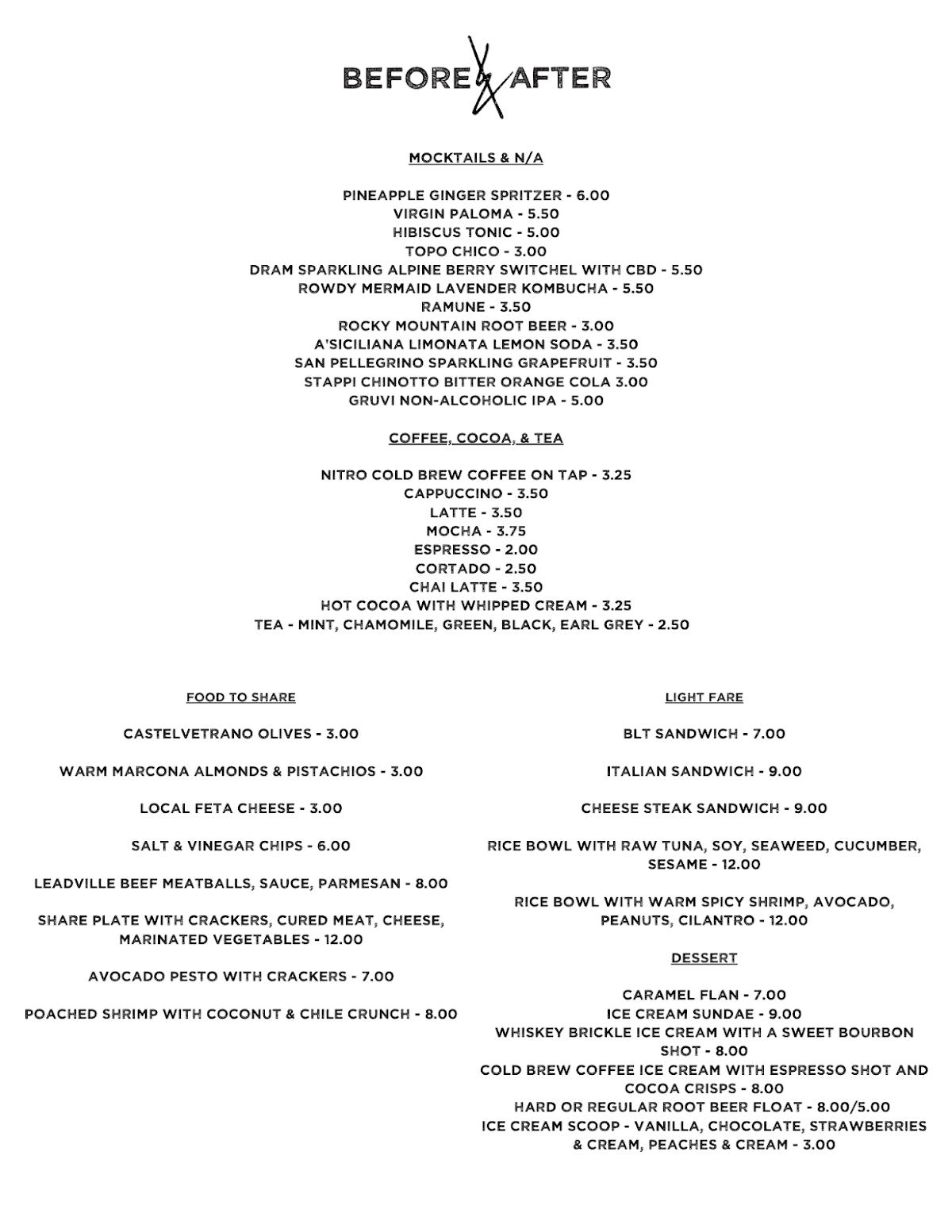 Menu at Before & After, Coffee & Cocktails pub & bar, Leadville