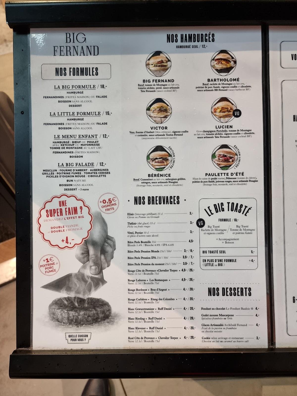 Menu au Big Fernand restaurant, Reichstett