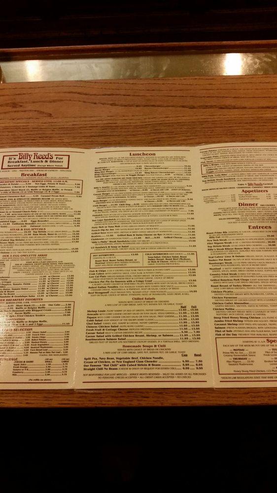 Menu at Billy Reed's Palm Springs restaurant, Palm Springs