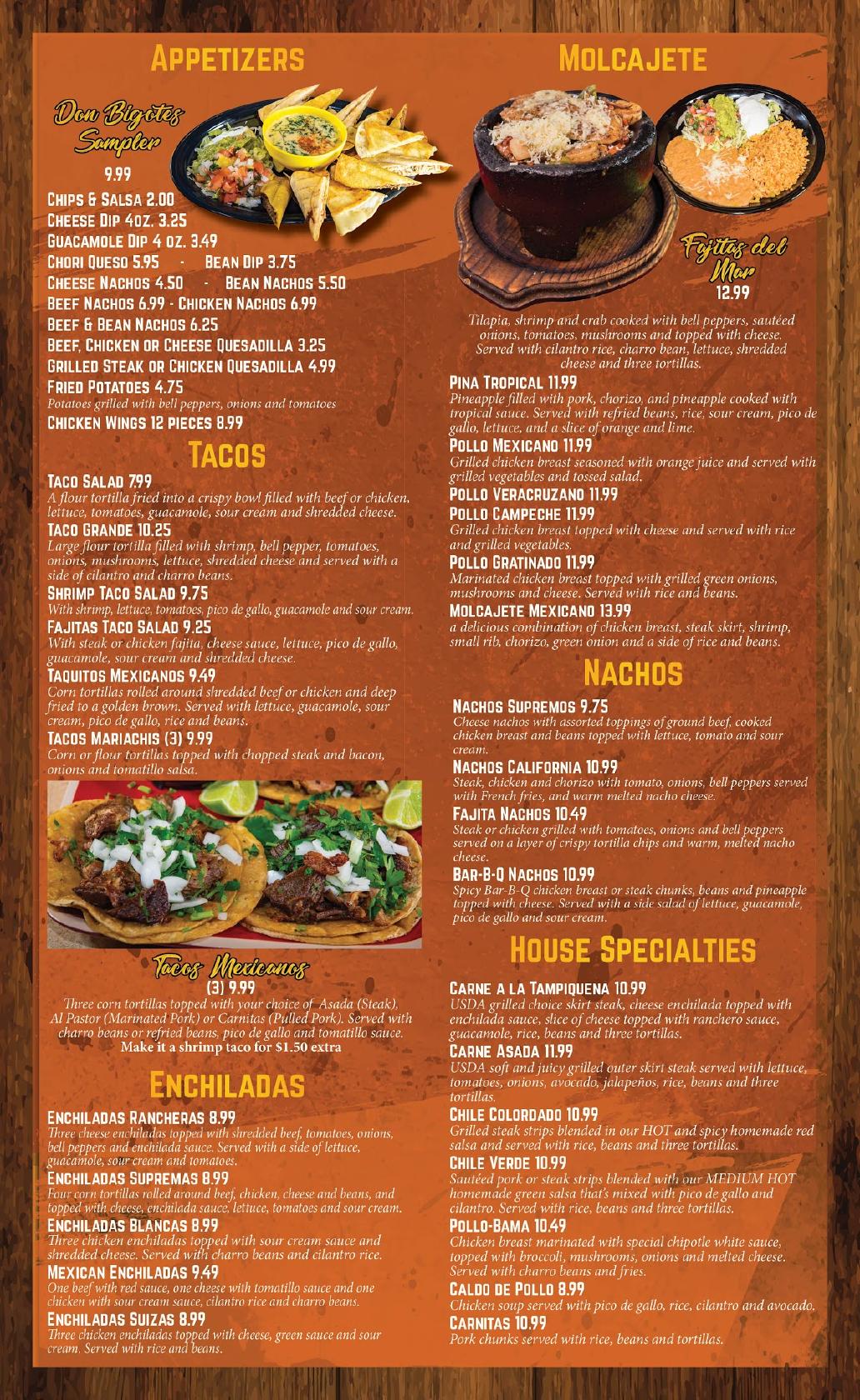 Menu at Don Bigotes Mexican Restaurant Gadsden, Gadsden