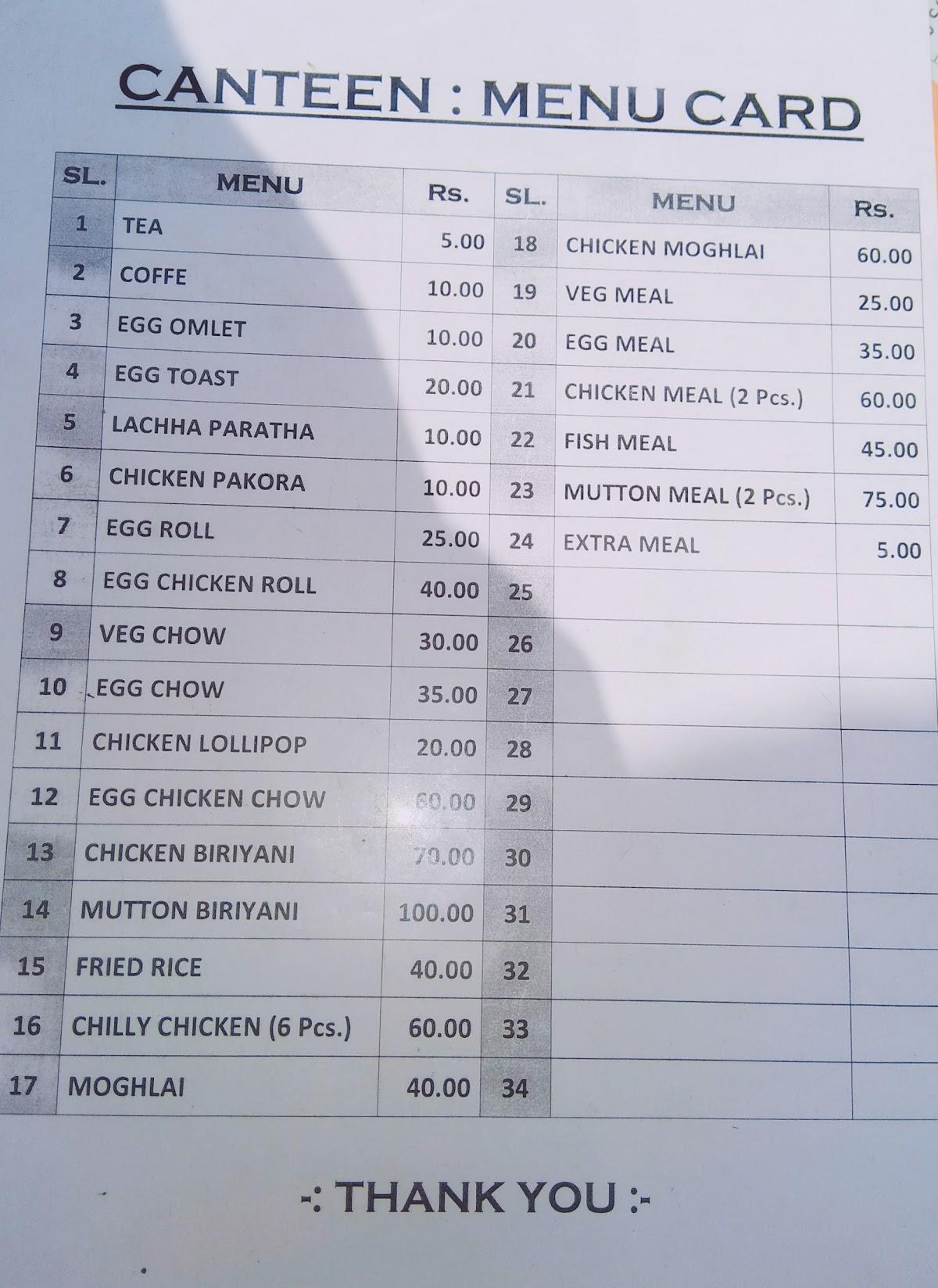 Menu at ECE Canteen, Mohispota