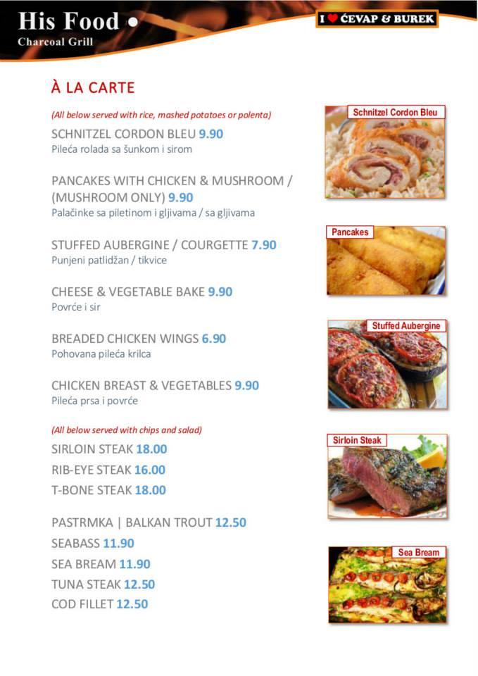 Menu at His Food Charcoal Grill restaurant, Dublin