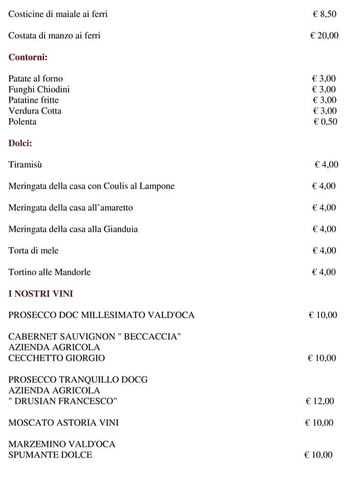 Menu da Ristorante Trattoria La Beccaccia, Cornuda
