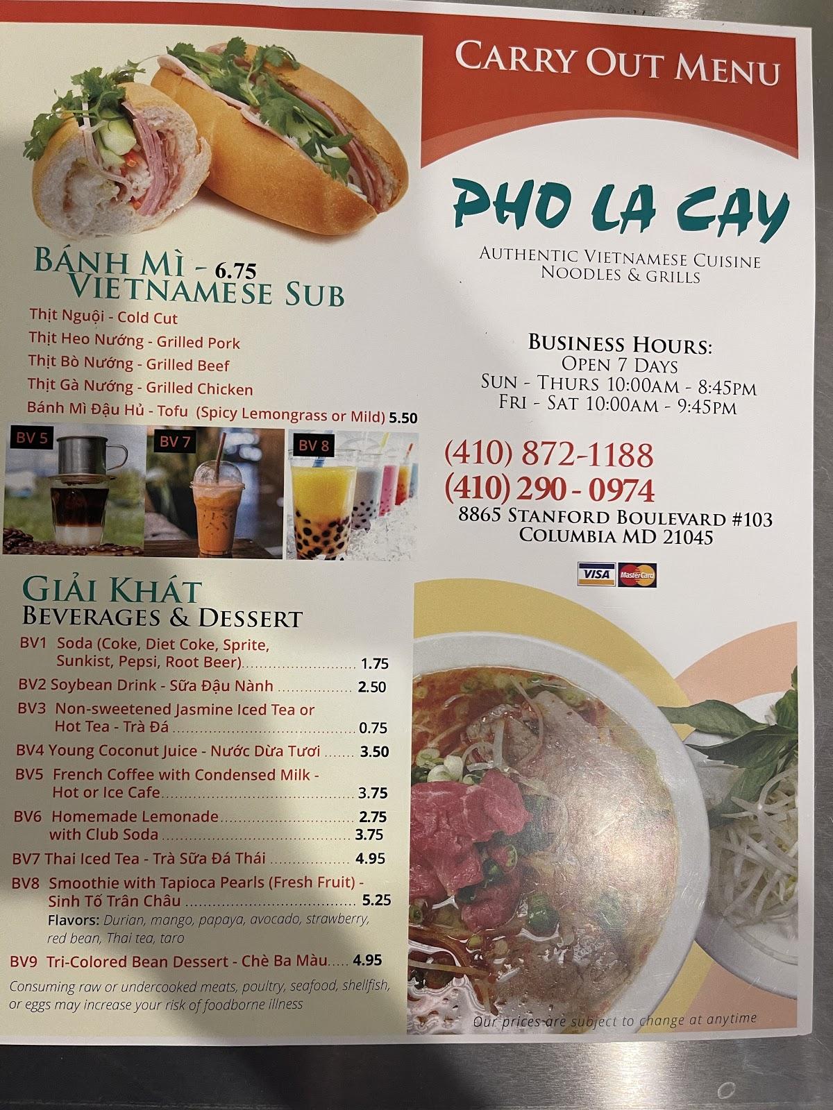 Menu at Pho La Cay restaurant, Columbia