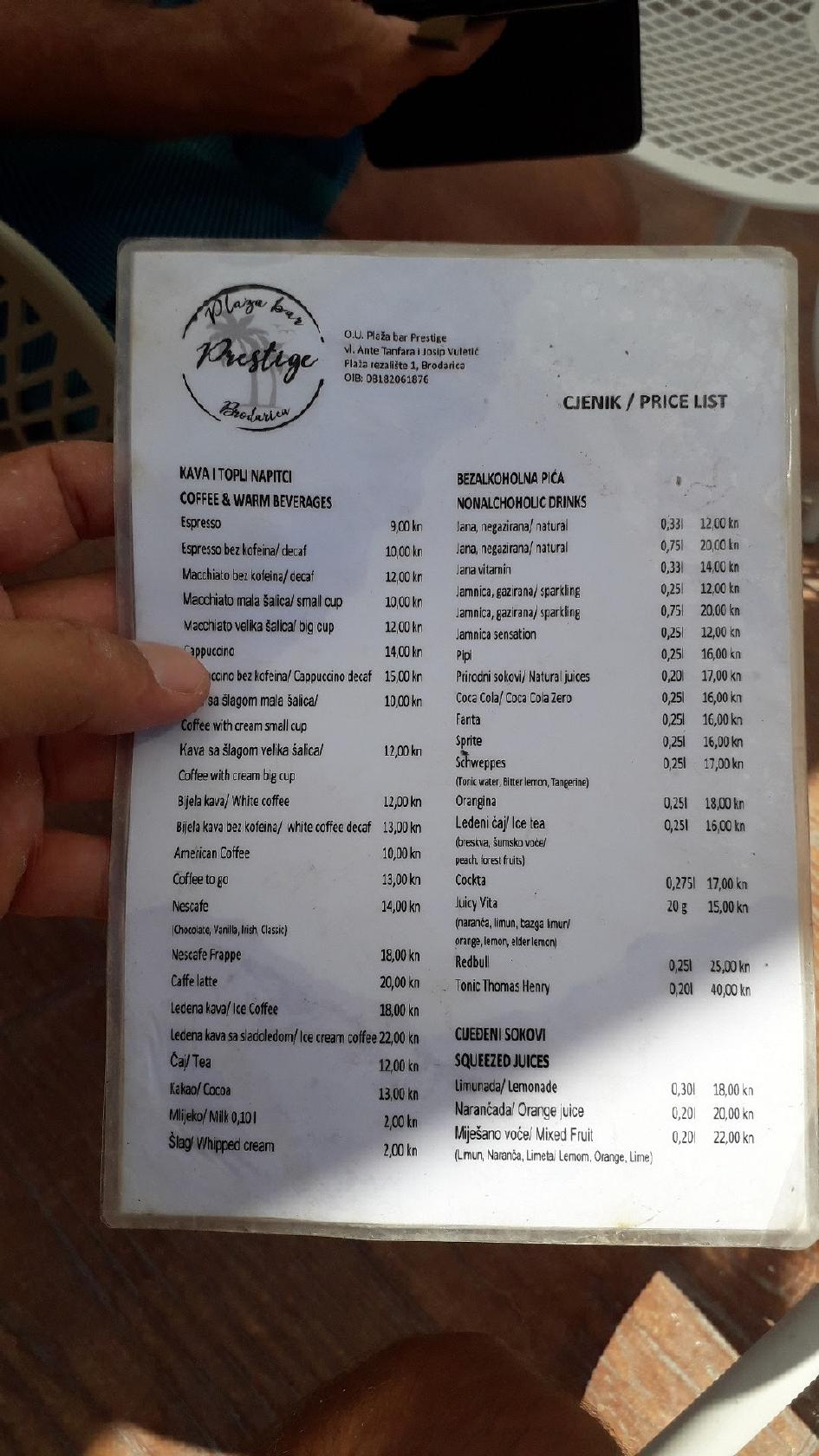 Menu da Plaza bar Prestige, Sibenico