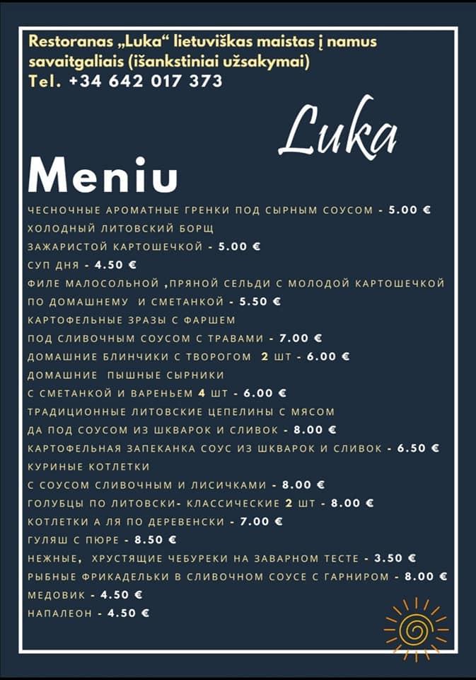 Menu at Restaurante Luka, Guardamar del Segura