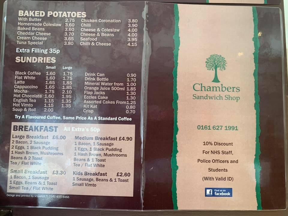 Menu at The Chambers Cafe, Oldham, 14