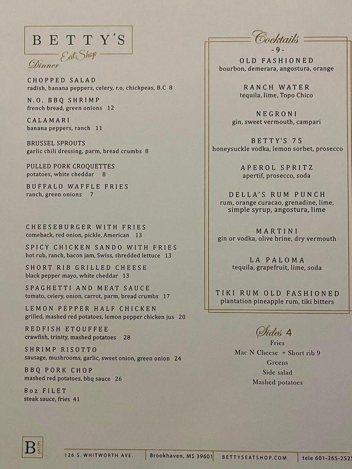 Menu at Betty's Eat Shop restaurant, Brookhaven