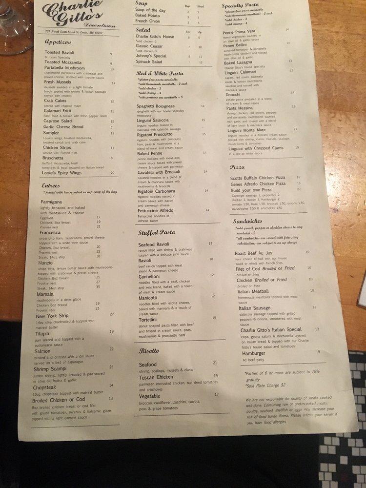Menu at Charlie Gitto's Downtown restaurant, St. Louis, 207 N 6th St