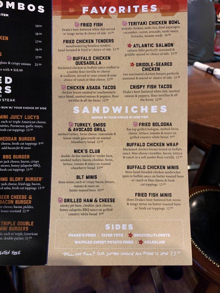 Menu at Drake's restaurant, Nicholasville