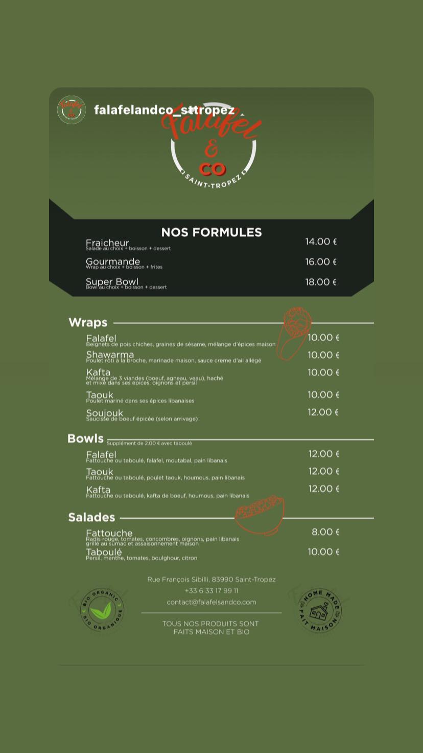 Menu at Falafel & Co restaurant, Saint-Tropez
