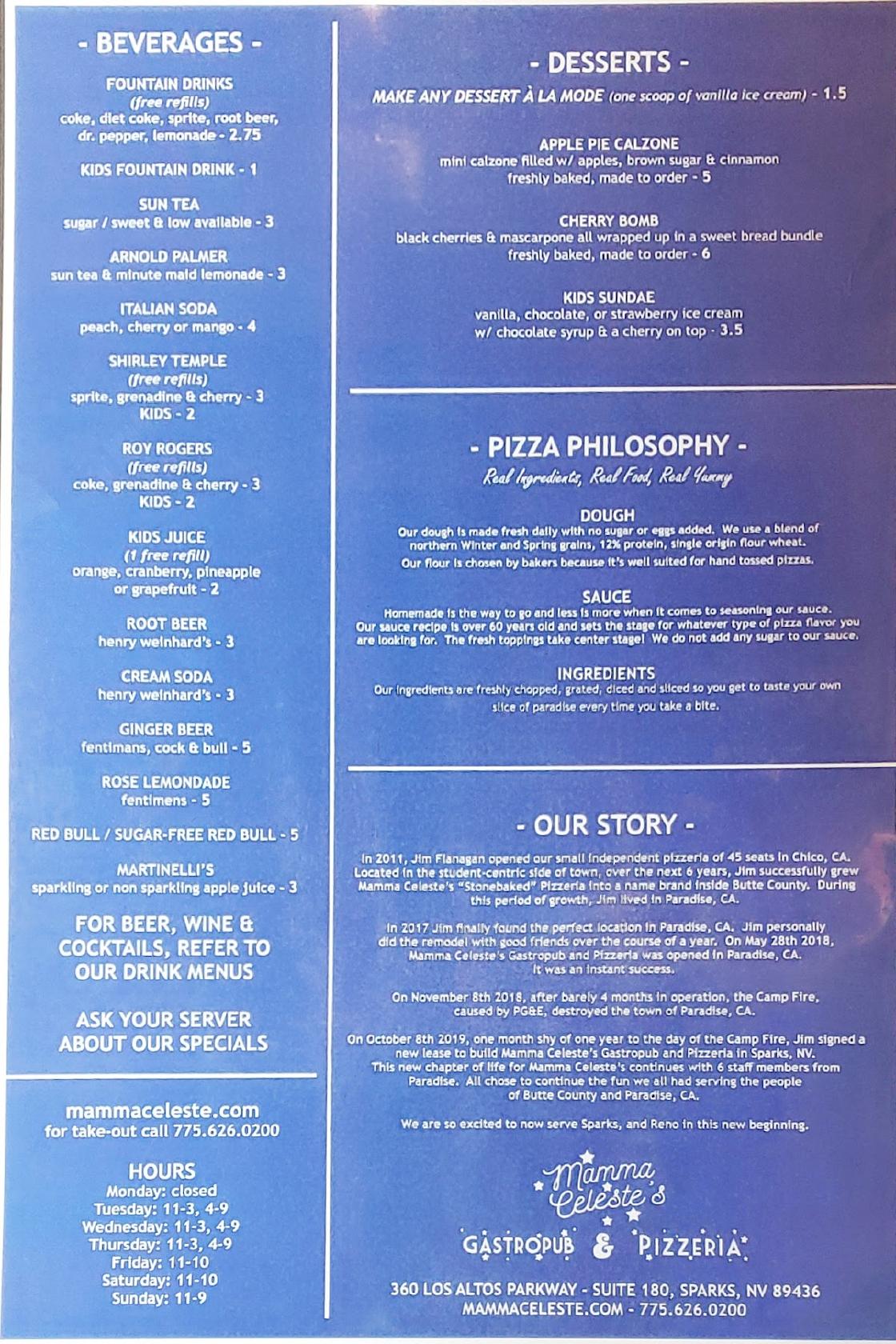 Menu at Mamma Celeste's Gastropub & Pizzeria, Sparks