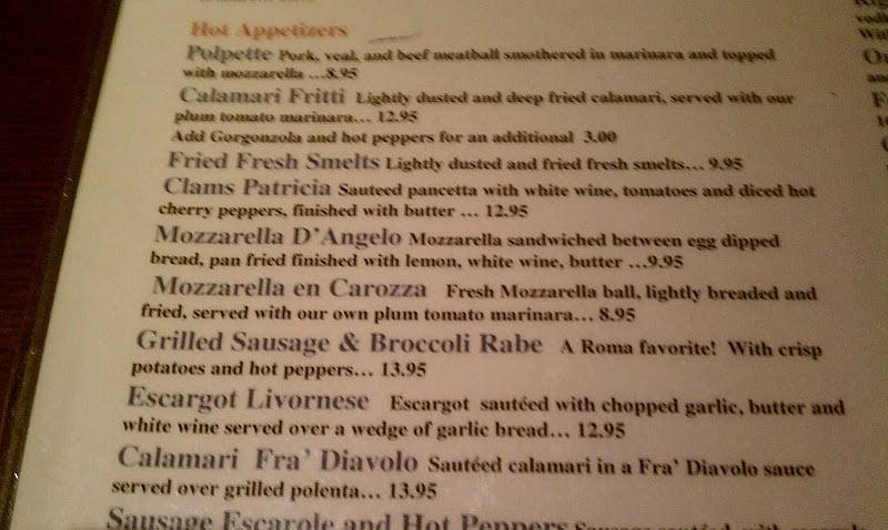 Menu at Roma Ristorante Italiano restaurant, Watertown