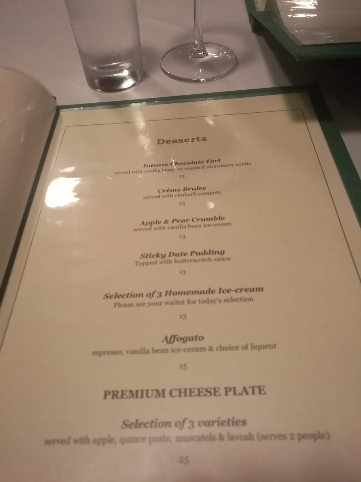Menu at Rubira's restaurant, Port Melbourne
