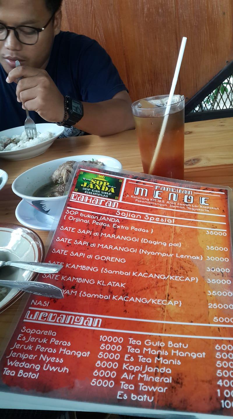 Menu at Sop Janda restaurant, Yogyakarta, Jl. Jongke Kidul No.8