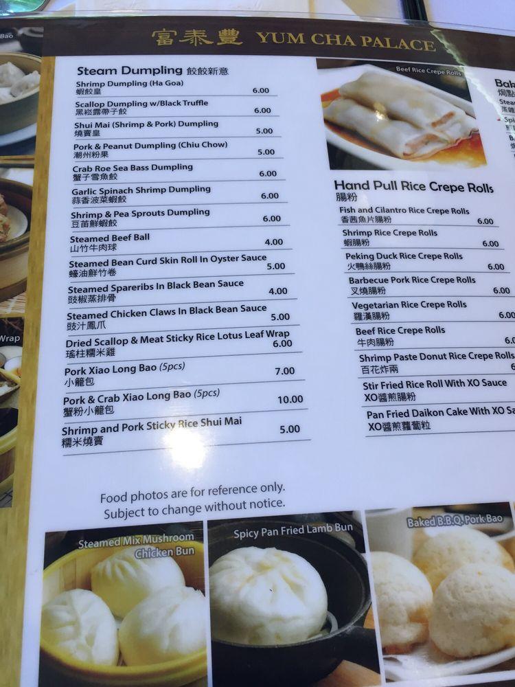 Menu at Yum Cha Palace restaurant, Menlo Park