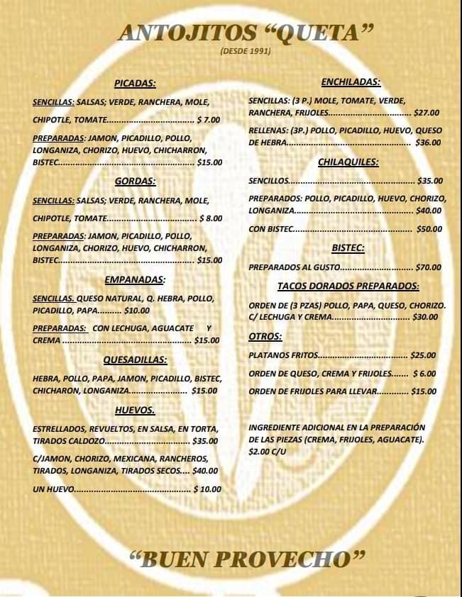Menu at Antojitos Queta restaurant, Veracruz