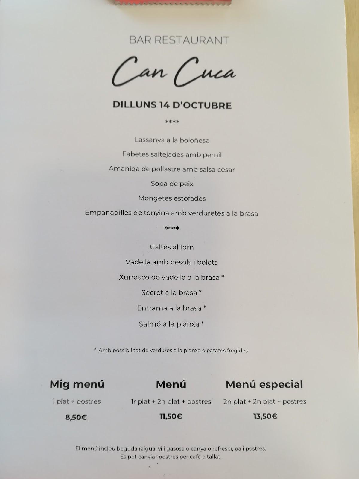 Carta de Bar Restaurant Can Cuca, Sils