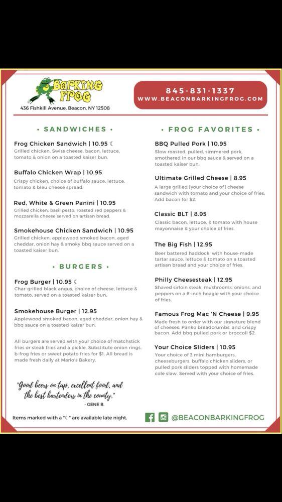 Menu at Beacon Barking Frog, Beacon