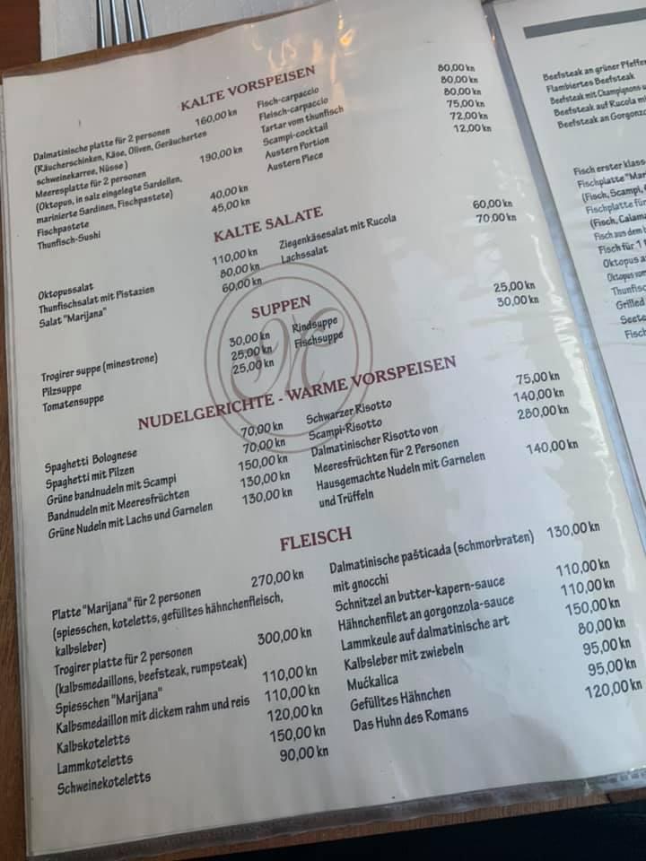 Menu at Konoba ERA restaurant, Trogir
