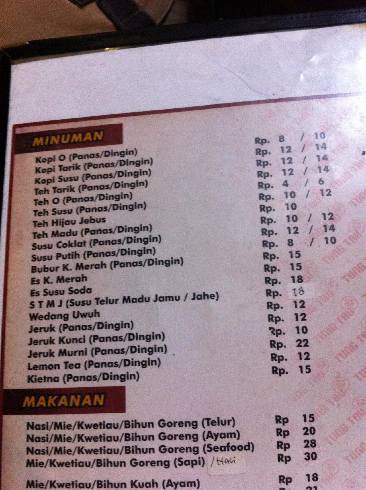 Menu at Warung Kopi Kohen cafe, Sungai Liat