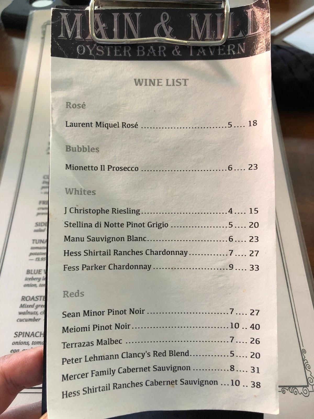 Carta de Main & Mill Oyster Bar & Tavern, Winterville