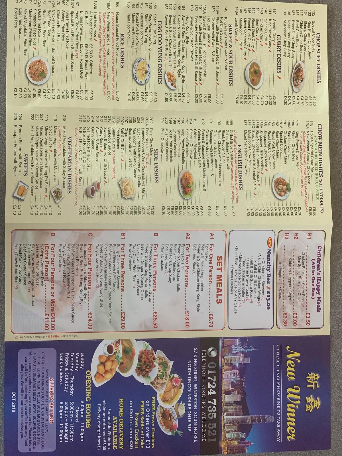 Menu at New Winner fast food, Scunthorpe