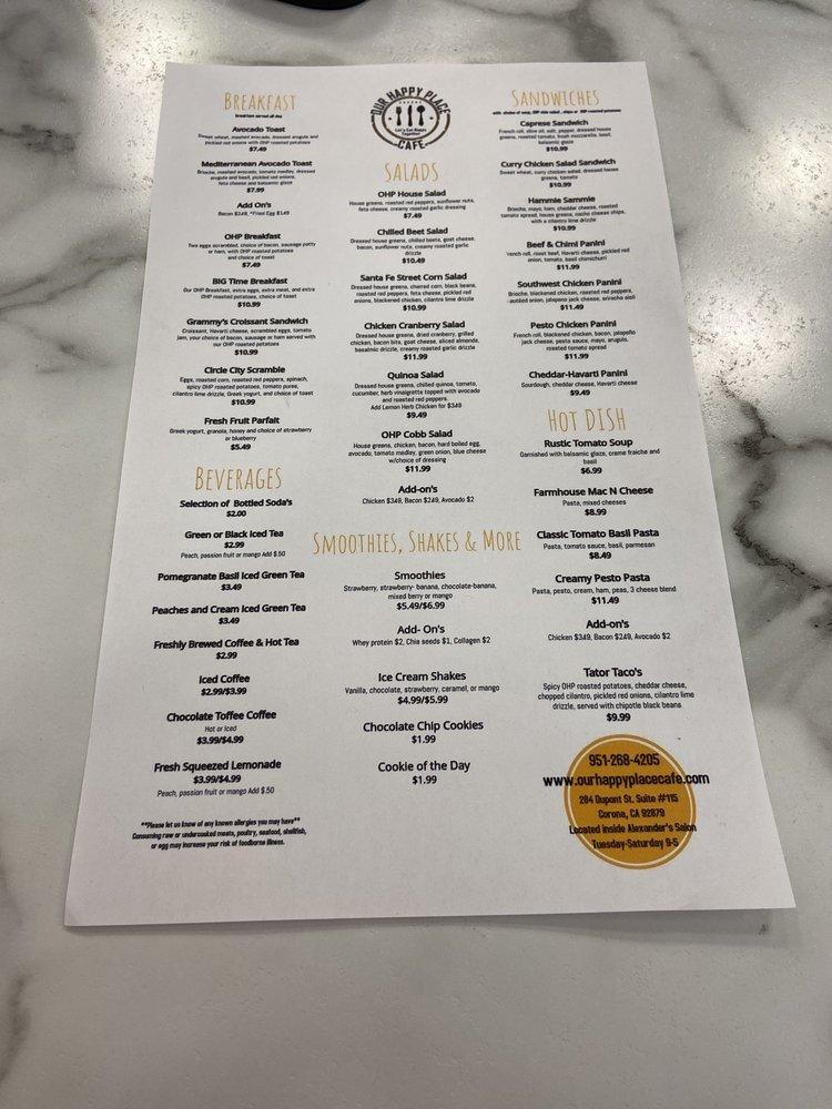 Menu at Our Happy Place Cafe - Inside Alexander's Salon and Spa, Corona