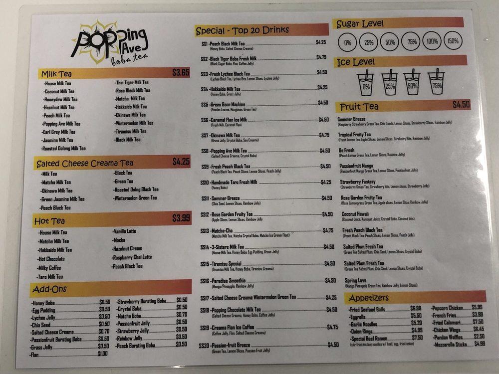 Menu at Popping Ave Boba Tea restaurant, Fresno