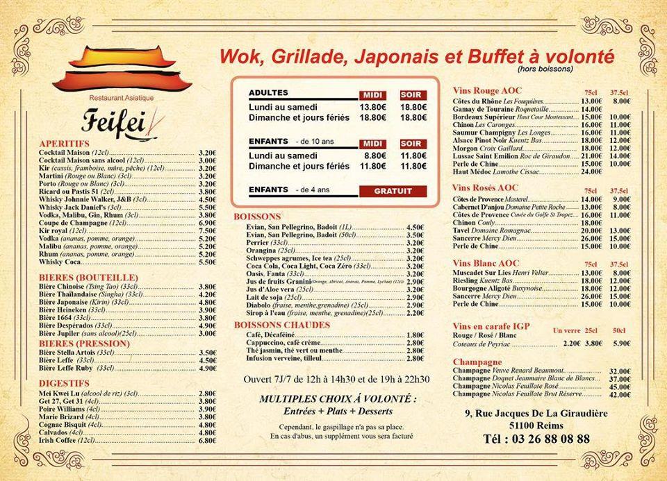 Menu at Restaurant Asiatique Feifei, Reims