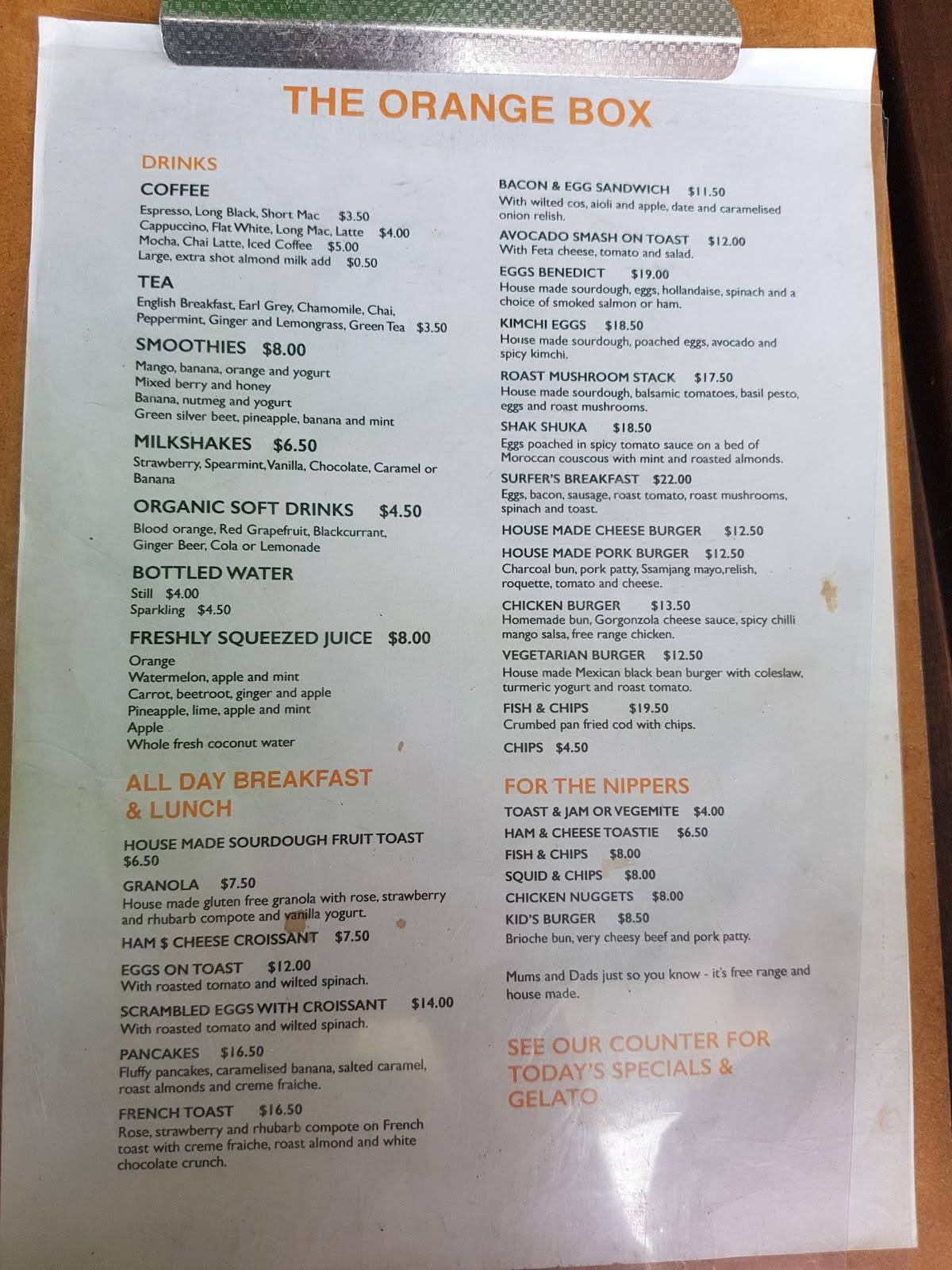 Menu at The Orange Box cafe, North Fremantle