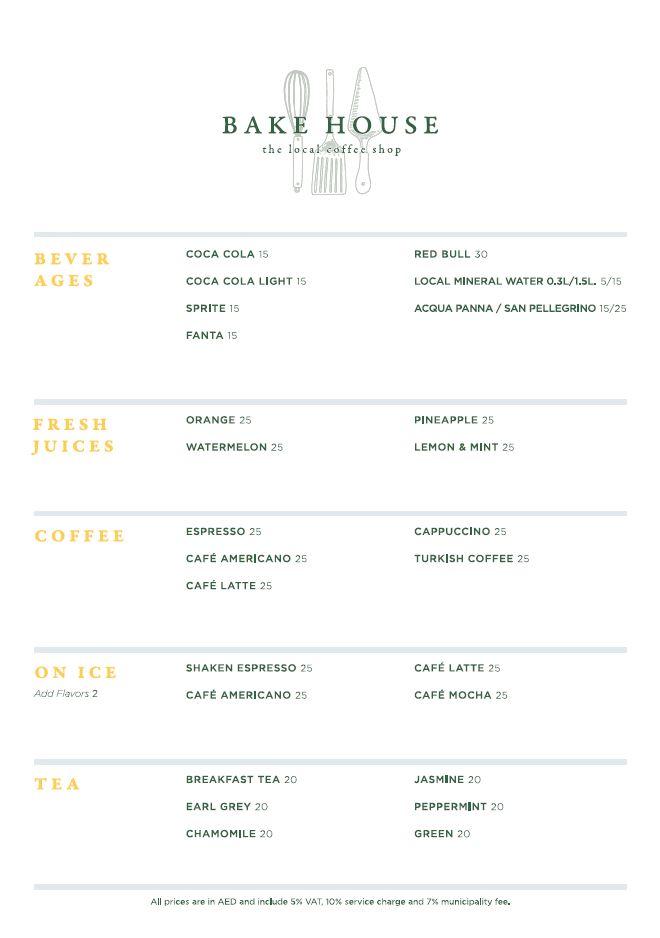 Menu at BakeHouse Lobby Cafe, Dubai