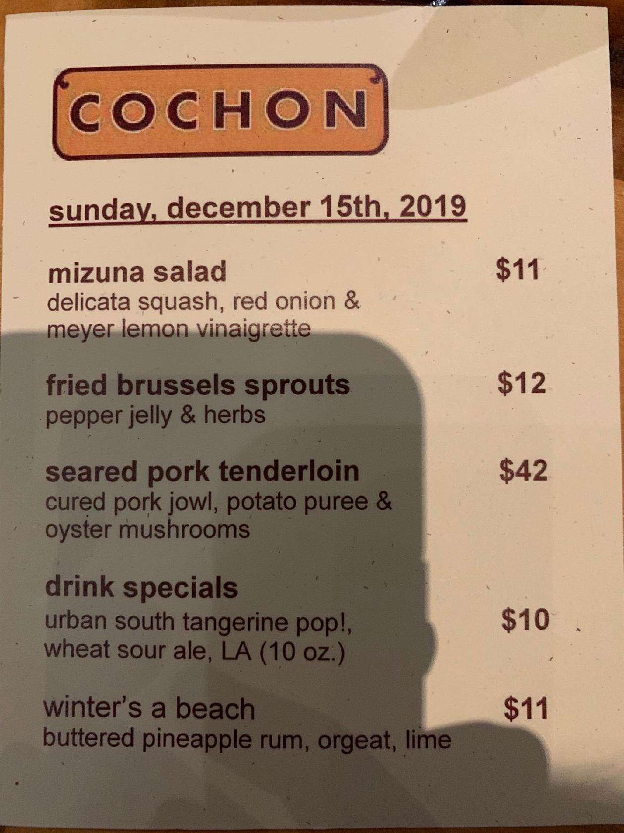 Menu at Cochon Restaurant, New Orleans, 930 Tchoupitoulas St Ste A