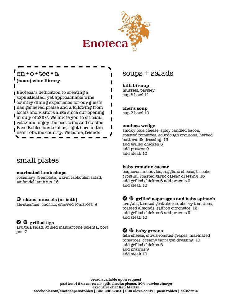 Menu at Enoteca Restaurant & Lounge, Paso Robles