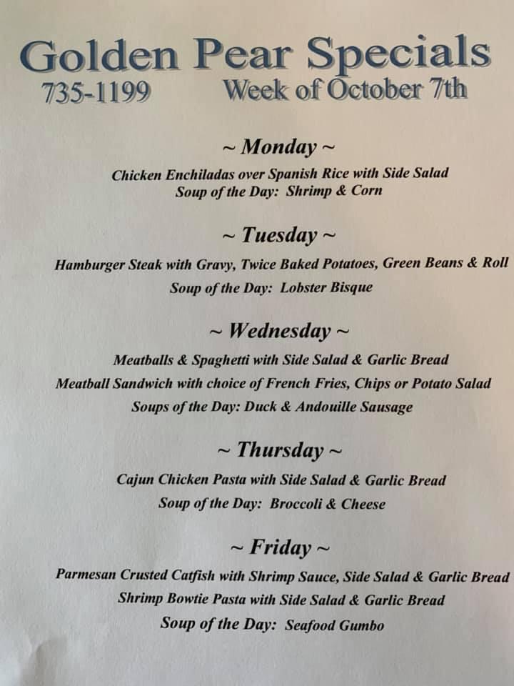 Menu at Kurt & Judy's Golden Pear, LLC restaurant, Bogalusa