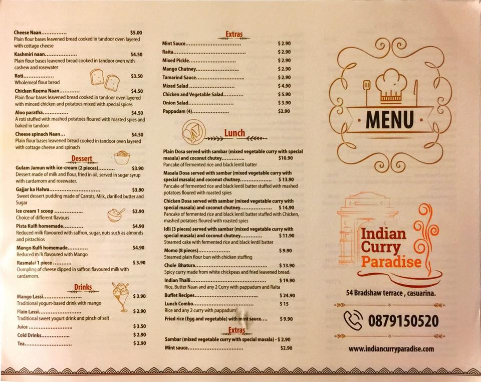 Menu at Indian Curry Paradise restaurant, Tiwi