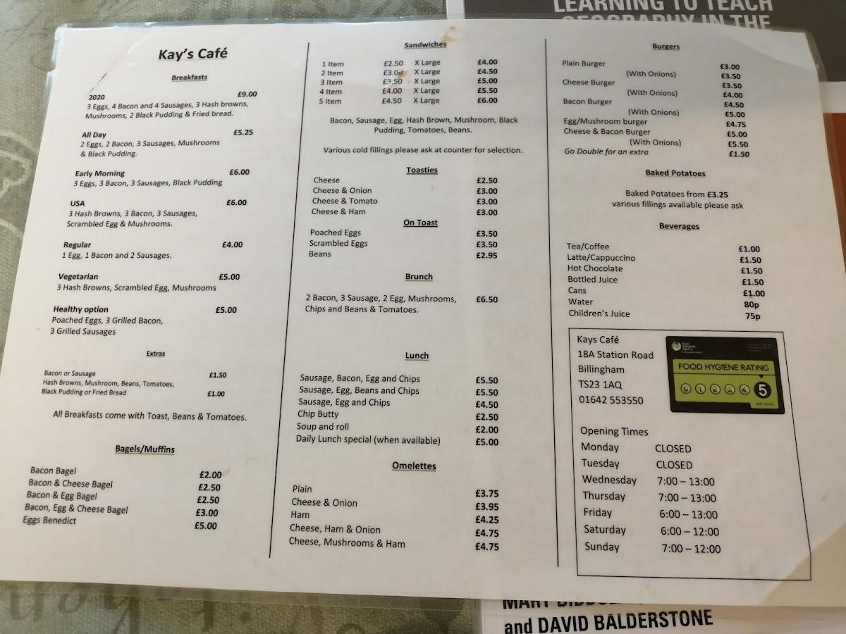Menu at Kay's Cafe, Billingham