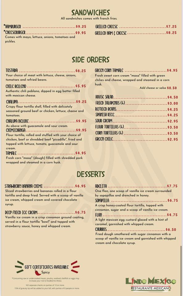 Menu at Lindo Mexico restaurant, Prescott, Gail Gardner Way #101
