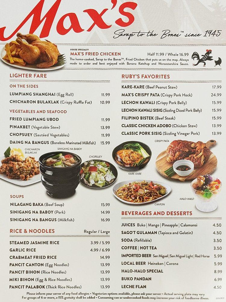 Menu at Max's Restaurant Glendale, Cuisine of the Philippines, Glendale