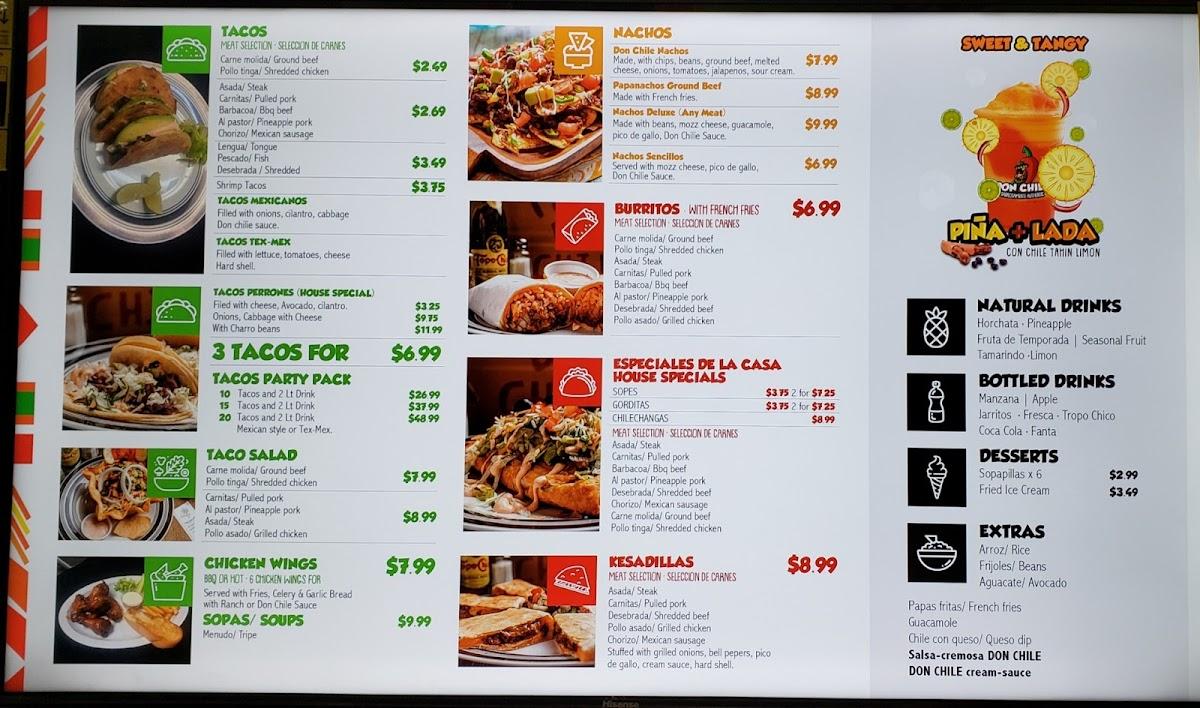 Menu at Tacos Don Chile restaurant, Baton Rouge