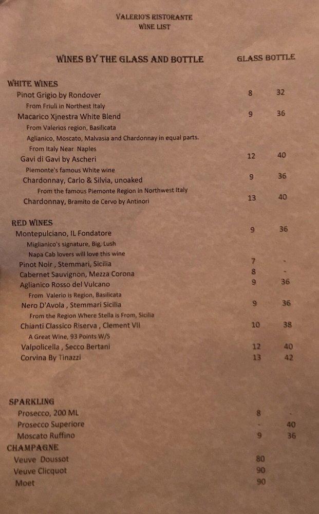 Menu at Valerio’s pub & bar, Cleveland