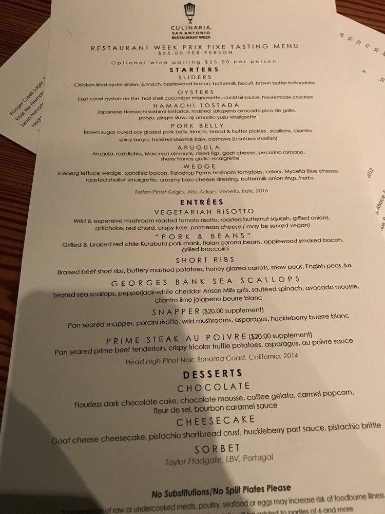 Menu at Bliss restaurant, San Antonio