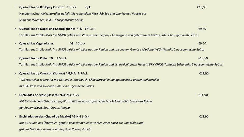 Speisekarte von Die Cabreras - Mexiko in Salzburg restaurant, Salzburg