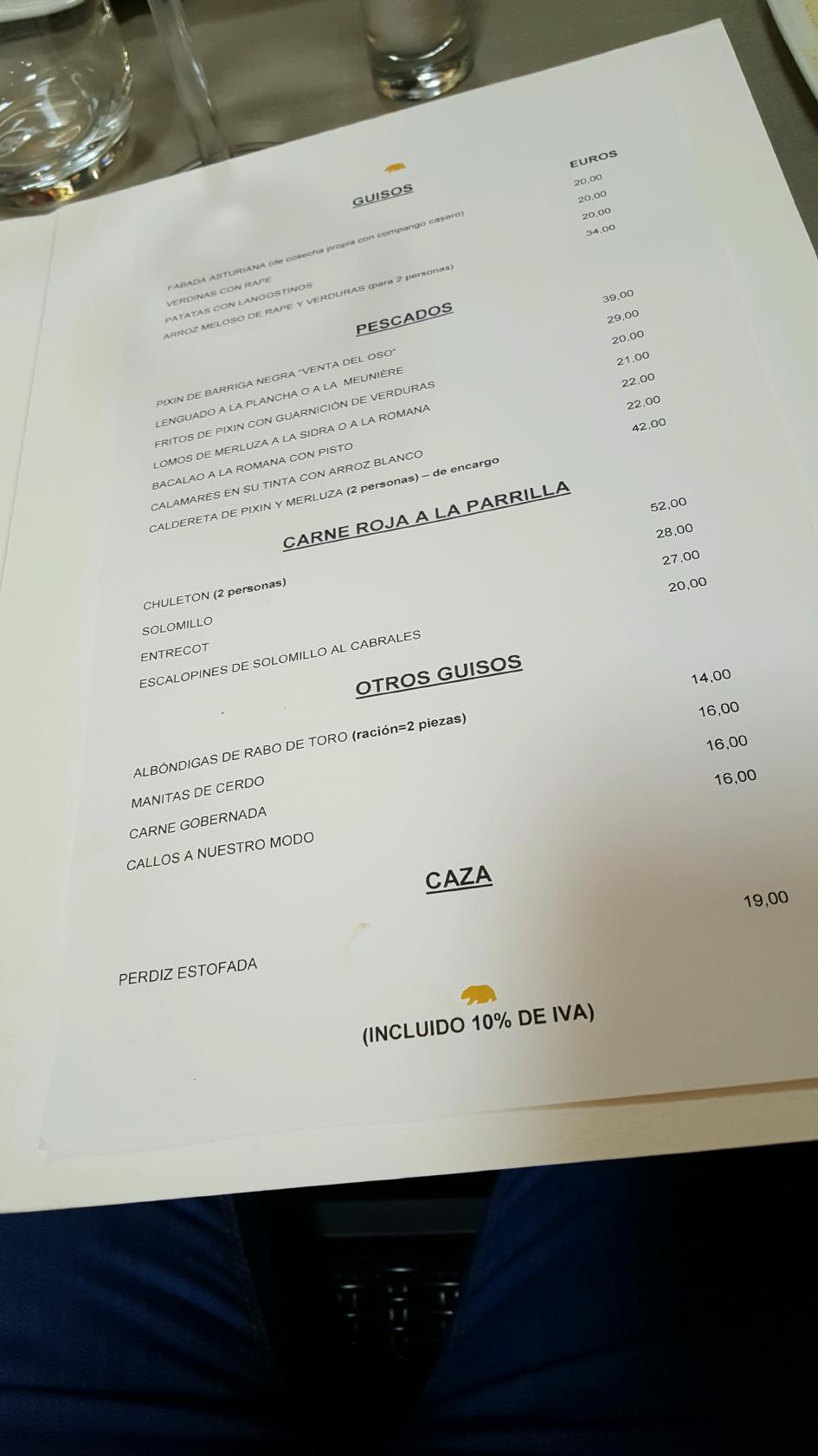 Menu at El Oso restaurant, Madrid
