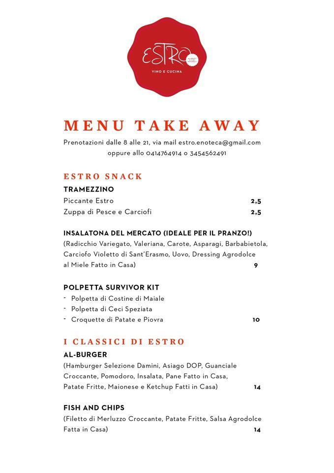 Menu at Estro pub & bar, Venice, Dorsoduro 3778 Crosera