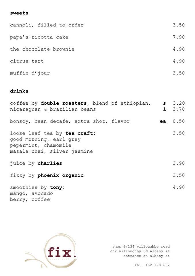 Menu at Fix cafe, Crows Nest
