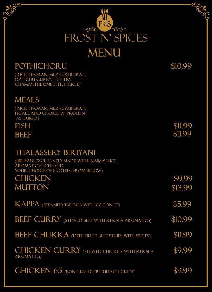 Menu at Frost N’ Spices, Austin