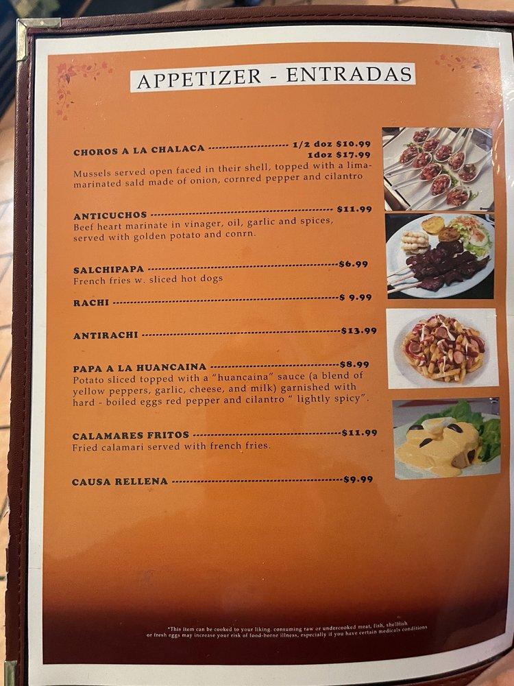 Carta del restaurante Inti Peru, Hicksville
